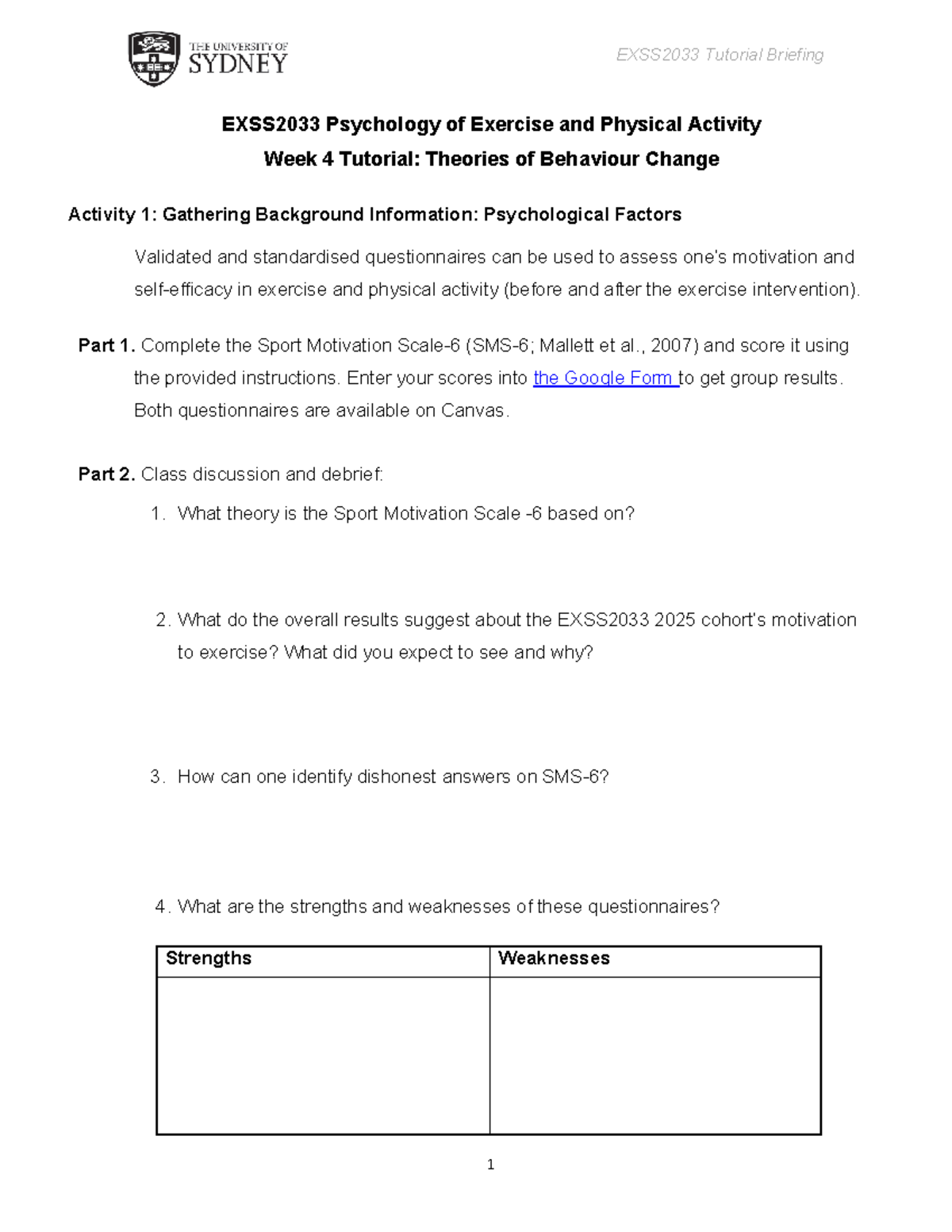 EXSS2033 Week 4 Tutorial: Theories of Behaviour Change & Motivation ...