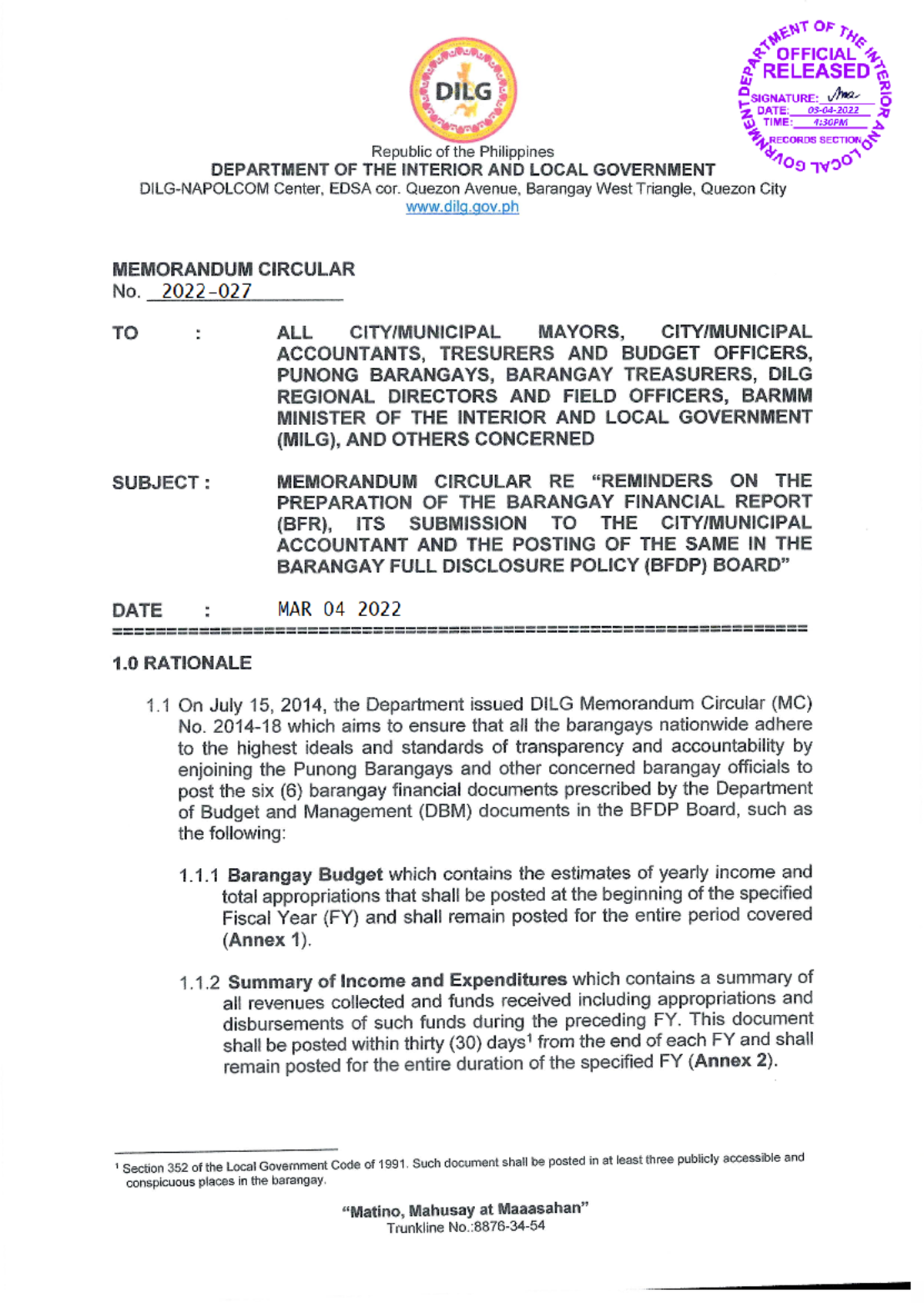 MC 2022 - 027 Barangay Financial Report - Reference: Department of ...