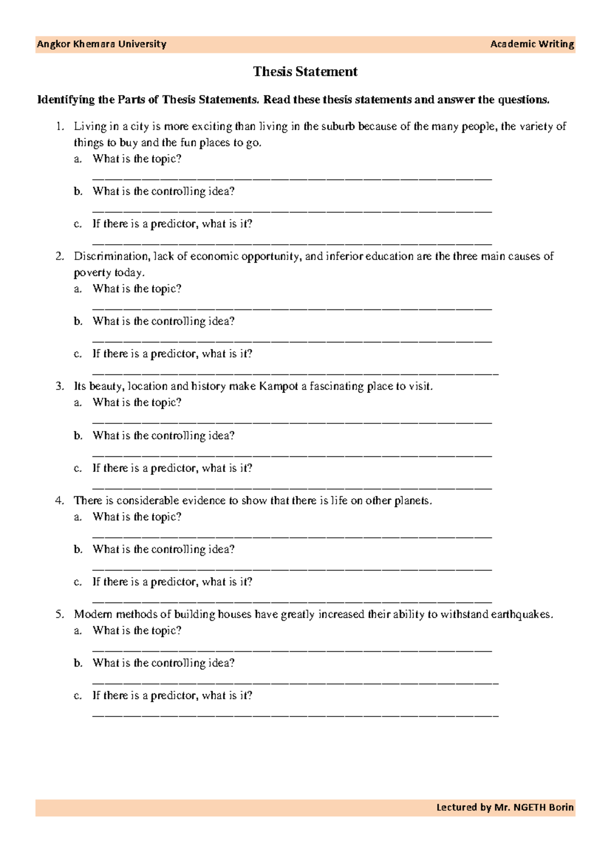 Angkor Khemara University Academic Writing: Thesis Statement Exercises ...