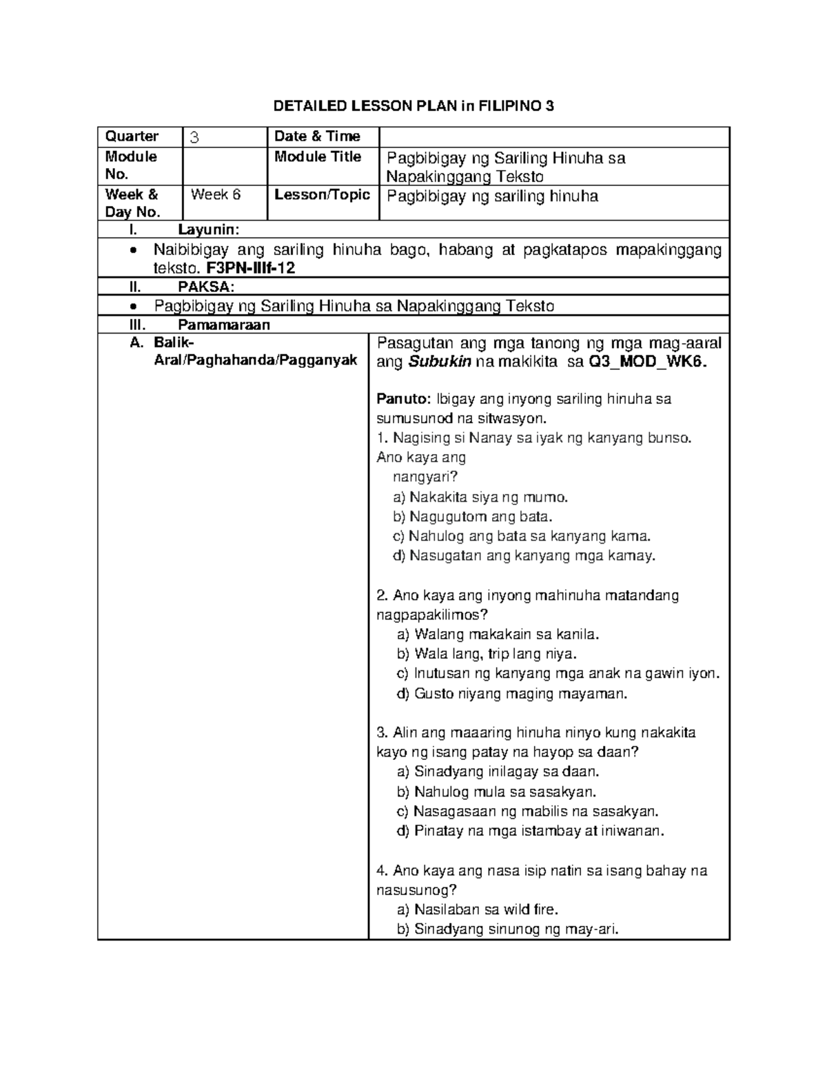 Detailed Lesson Plan on Hinuha in Filipino 3 - Q3 Week 6 - Studocu