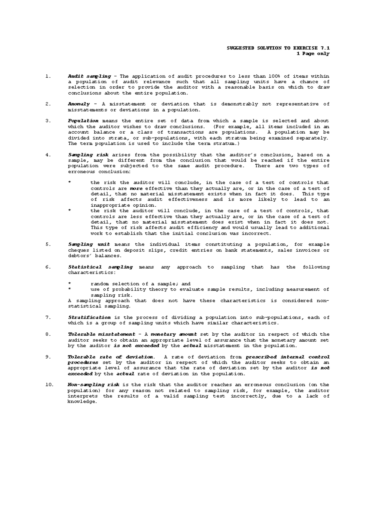 A070117 S - Suggested Solutions for Audit Sampling Exercise 7.1 - Studocu