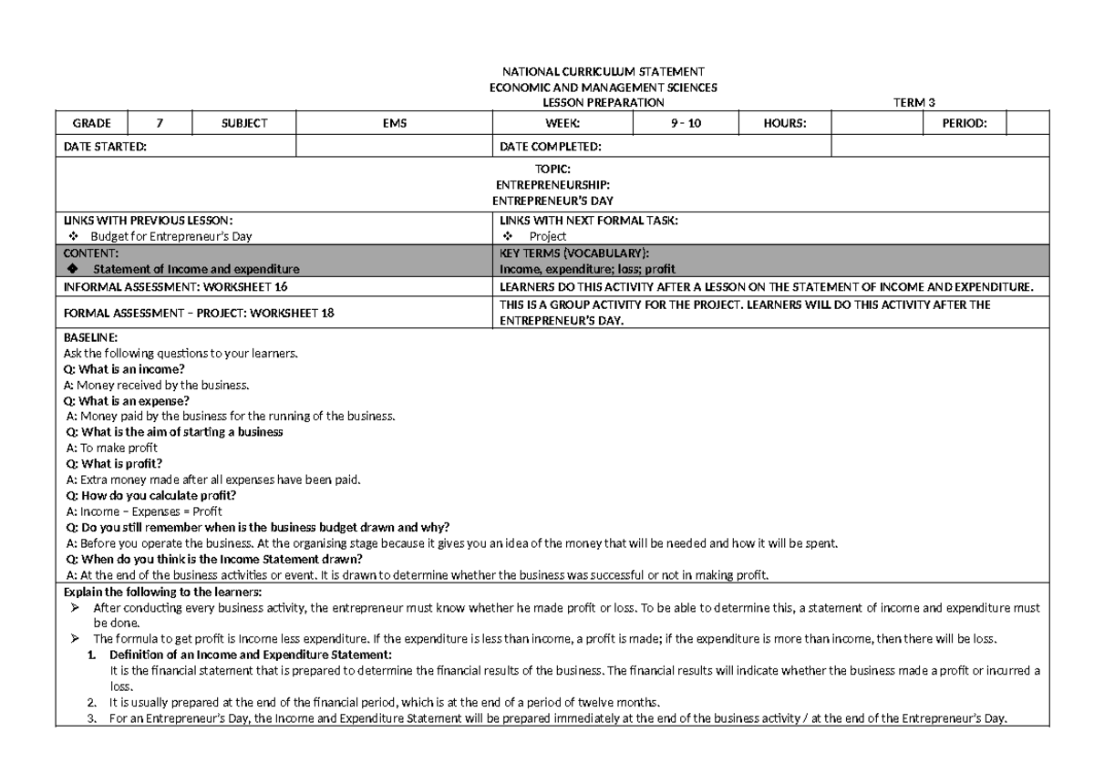 NATIONAL CURRICULUM EMS GRADE 7 LESSON PLAN: INCOME & EXPENDITURE - Studocu