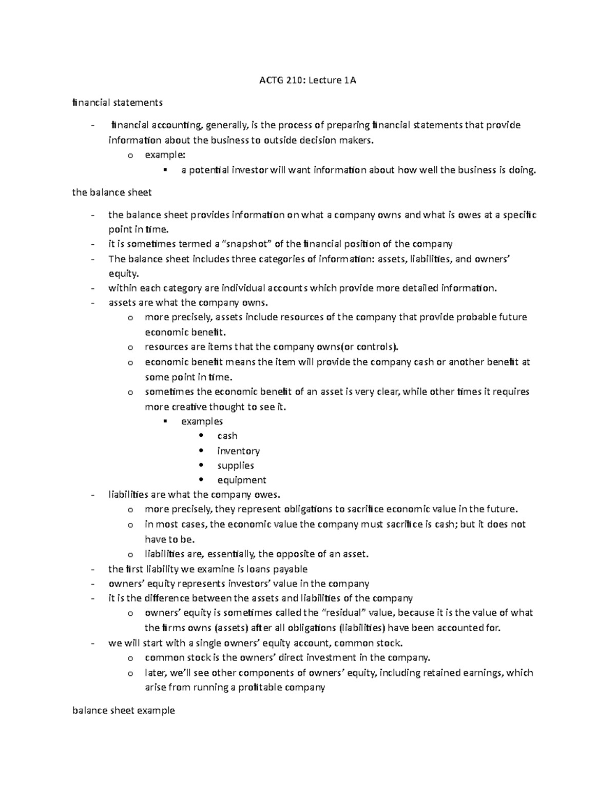 ACTG 210-Lecture 1A - Shirley Liu - ACTG 210: Lecture 1A financial statements financial ...