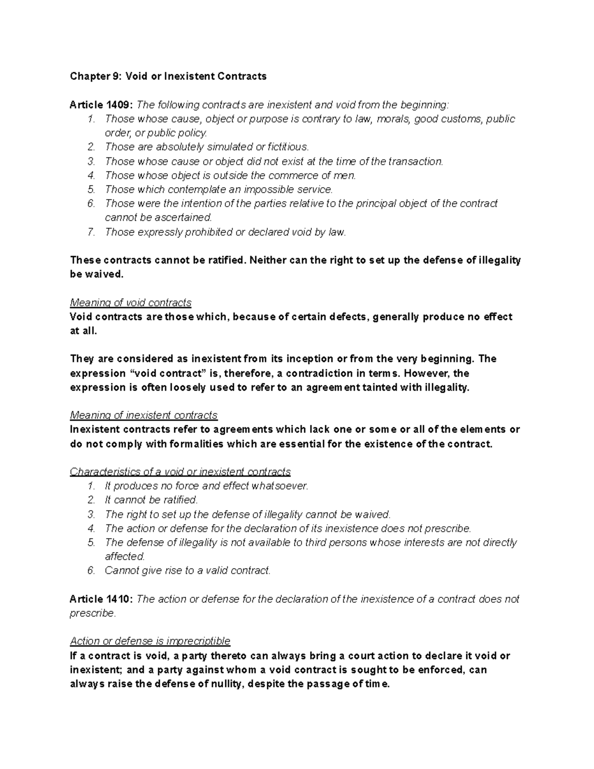 Chap 9 study notes - Chapter 9: Void or Inexistent Contracts Article ...