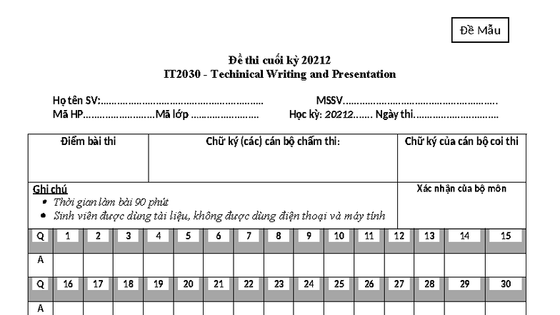 Đề Mẫu Đề Thi Cuối Kỳ IT2030 - Technical Writing and Presentation 20212 - Studocu