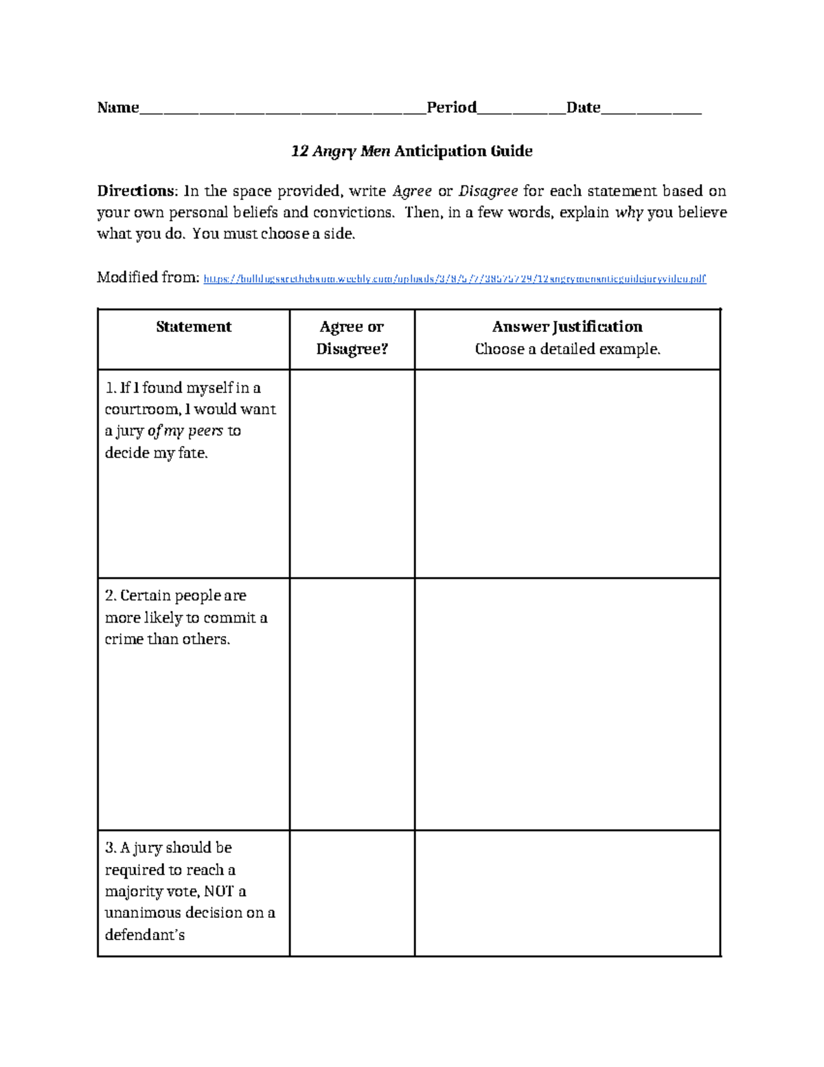 12 Angry Men Anticipation Guide - Discussion & Reflection Tool - Studocu