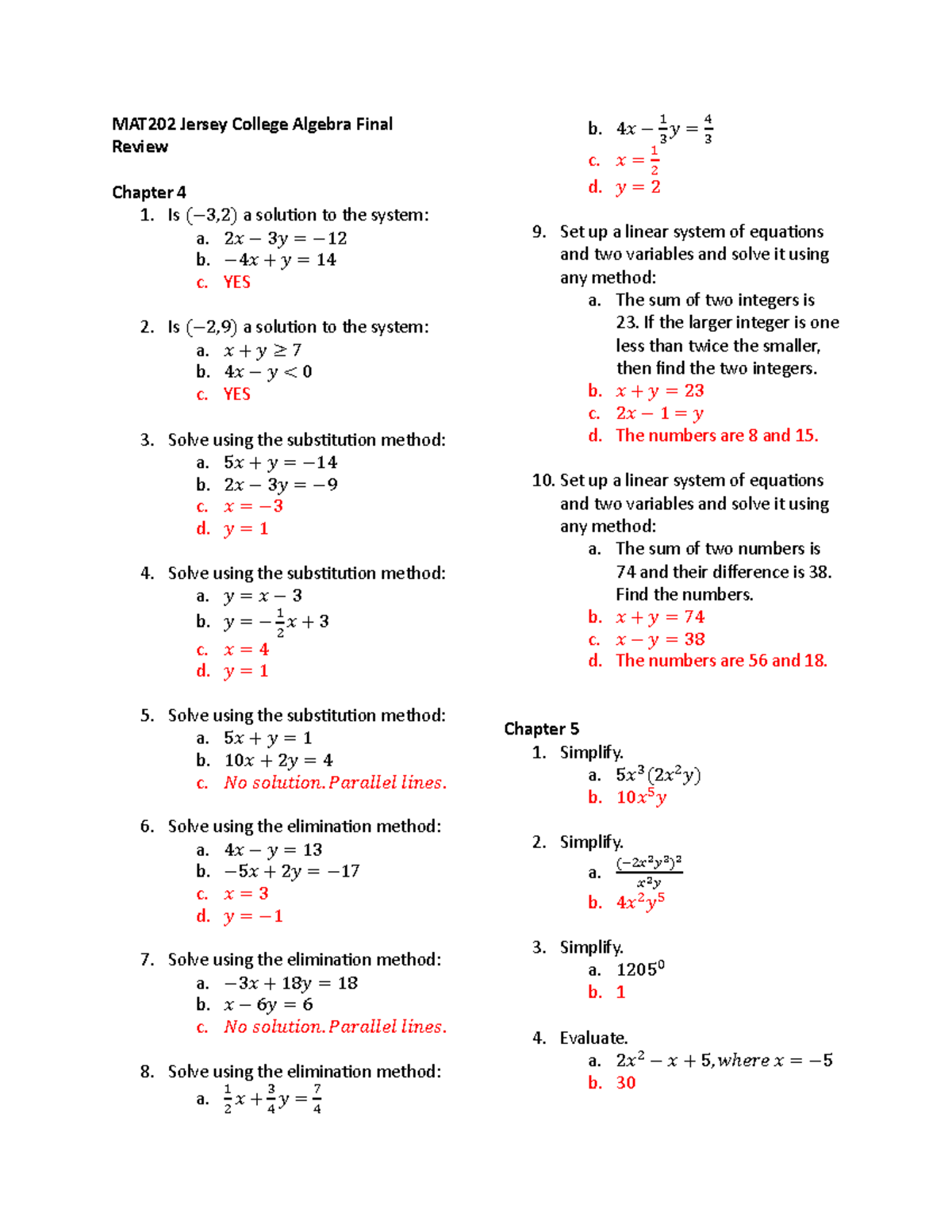 MAT202 Jersey College Algebra Final Review Answer Key - Studocu