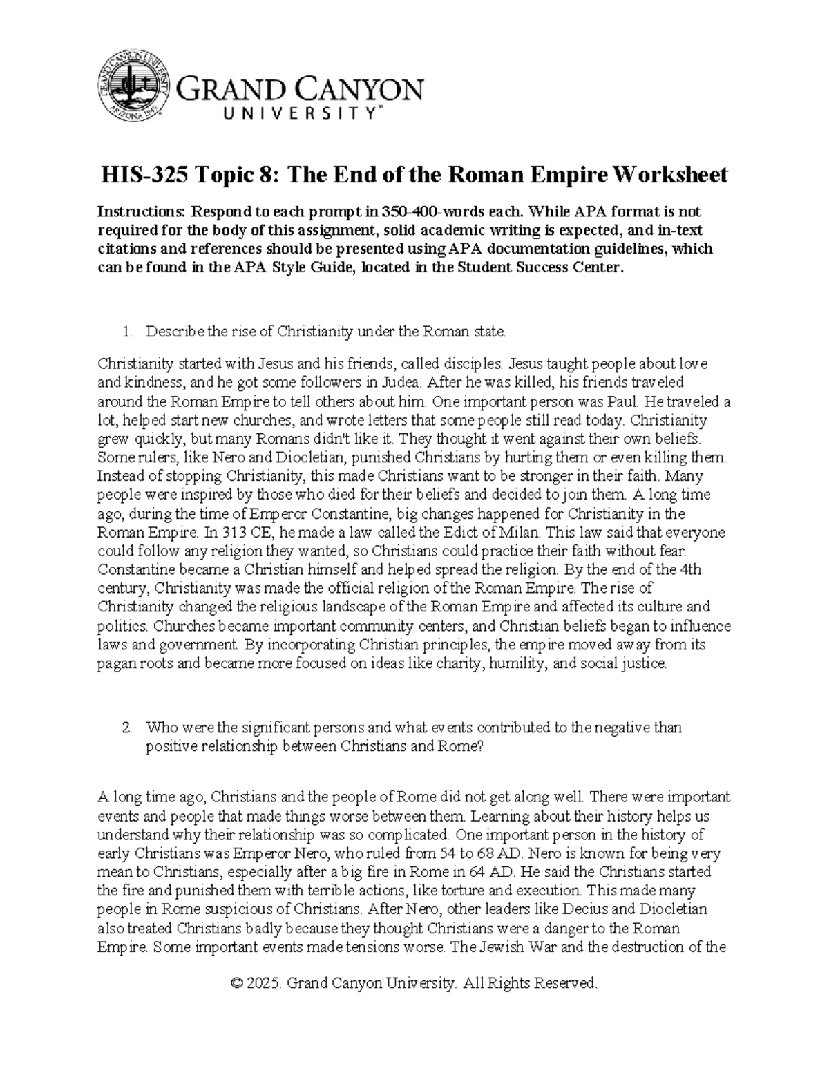 HIS-325 T8 The End of the Roman Empire Worksheet - HIS-325 Topic 8: The ...