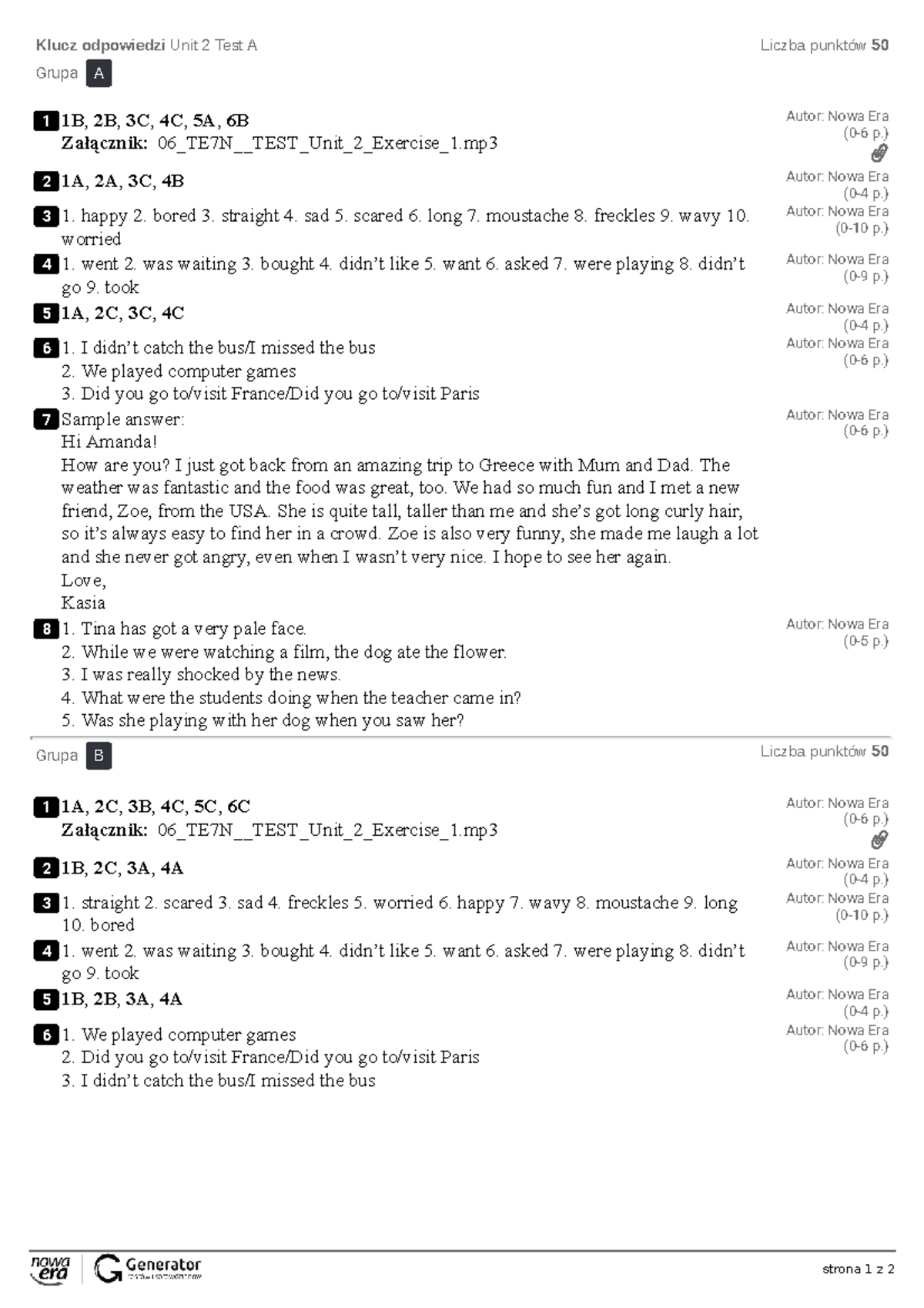 Unit 2 Test A: Klucz Odpowiedzi i Punkty - Studocu