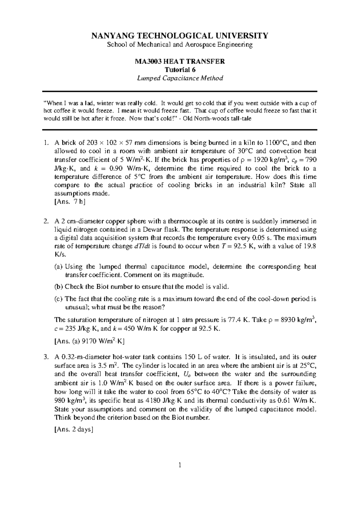 MA3003 Heat Transfer Tutorial 6: Lumped Capacitance Method Analysis ...