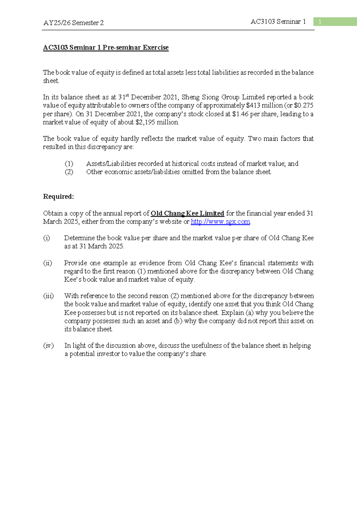 AC3103 Semester 2 Seminar 1 Pre-Seminar Exercise on Equity Valuation ...