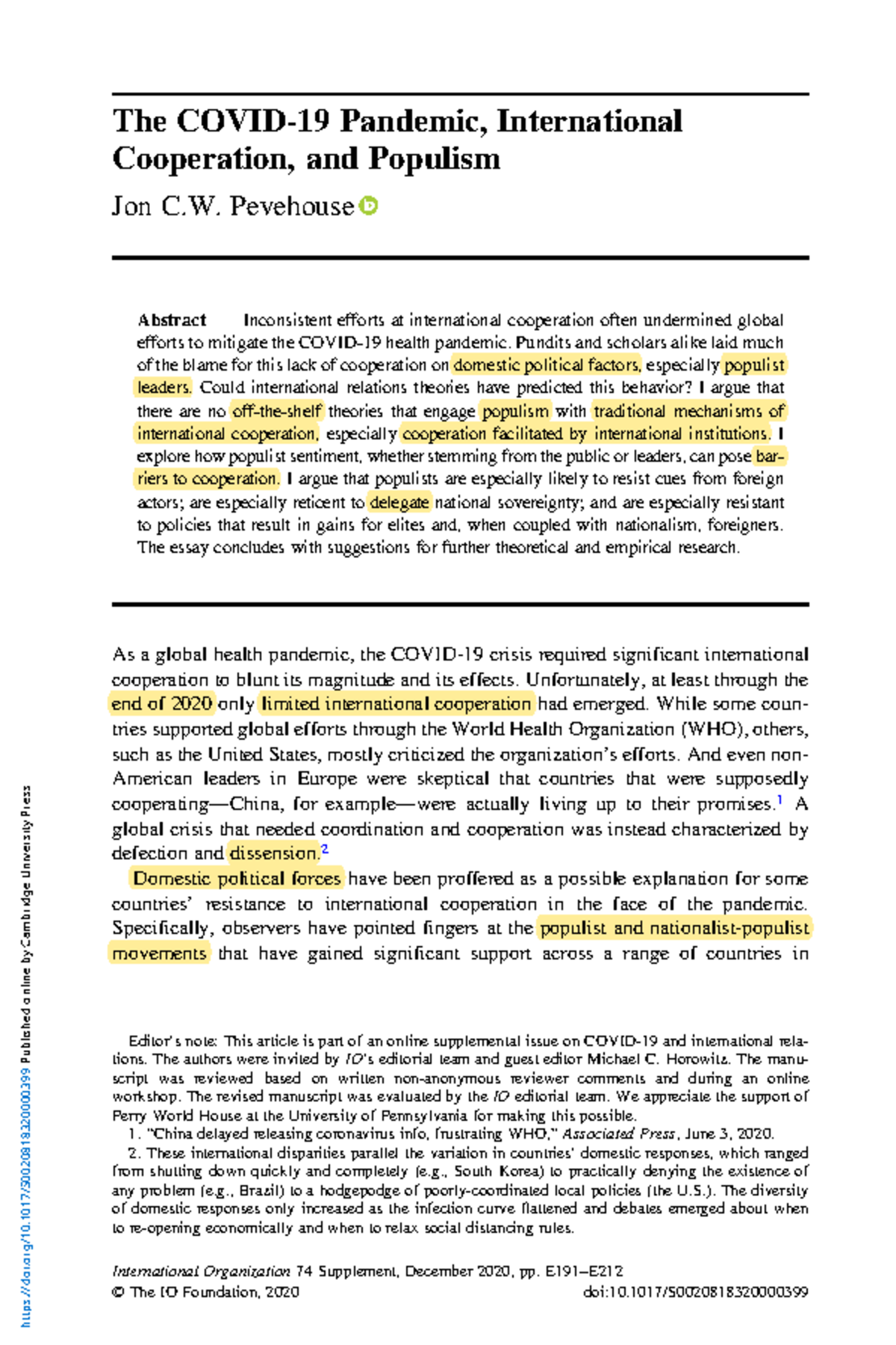 The COVID-19 Pandemic, International Cooperation, and Populism (PEV ...