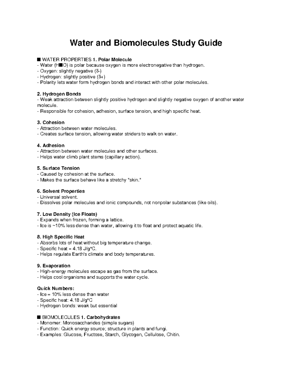 Water and Biomolecules Study Guide: Properties and Functions - Studocu