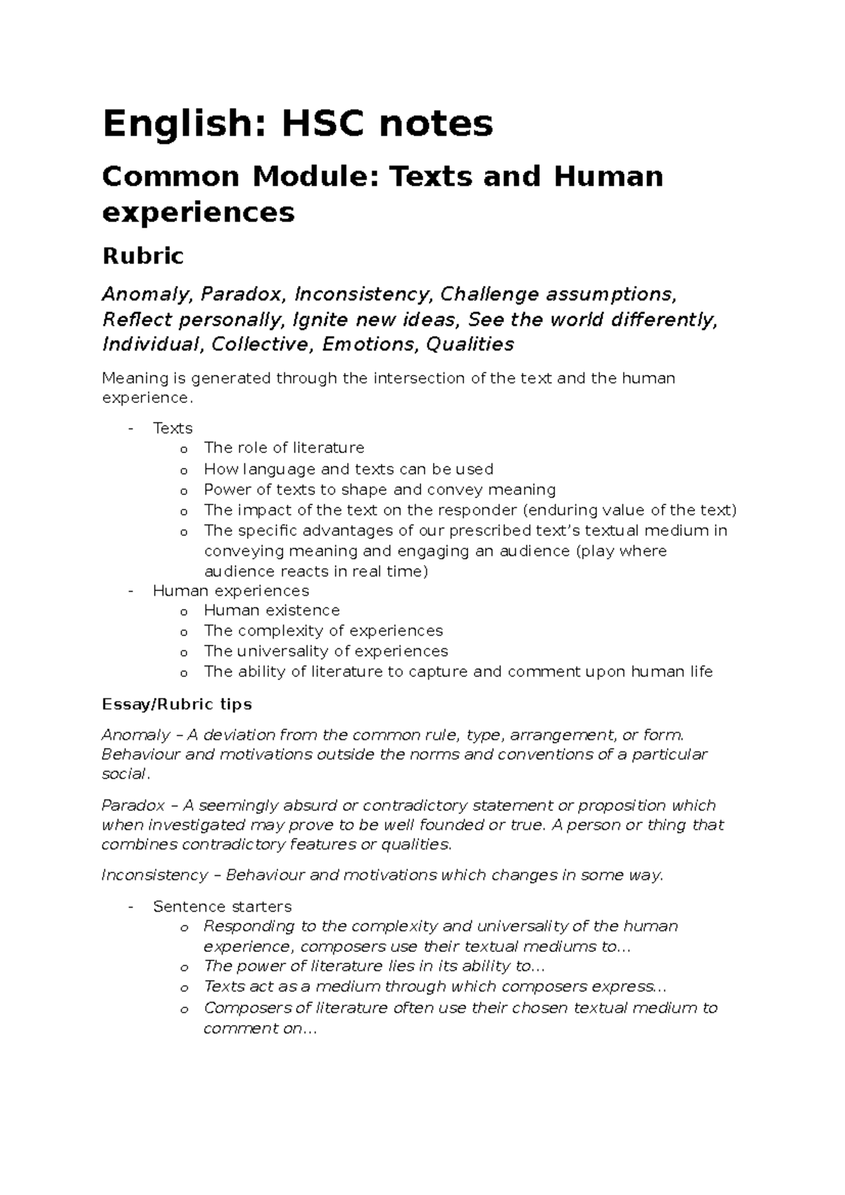 English HSC Notes: Common Module - Texts & Human Experiences (MOV ...