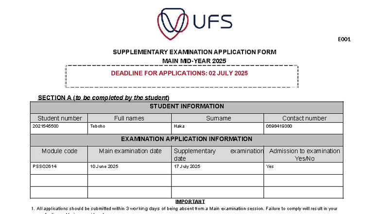 E001 Supplementary Exam Application Form Mid Year 2025 - Studocu