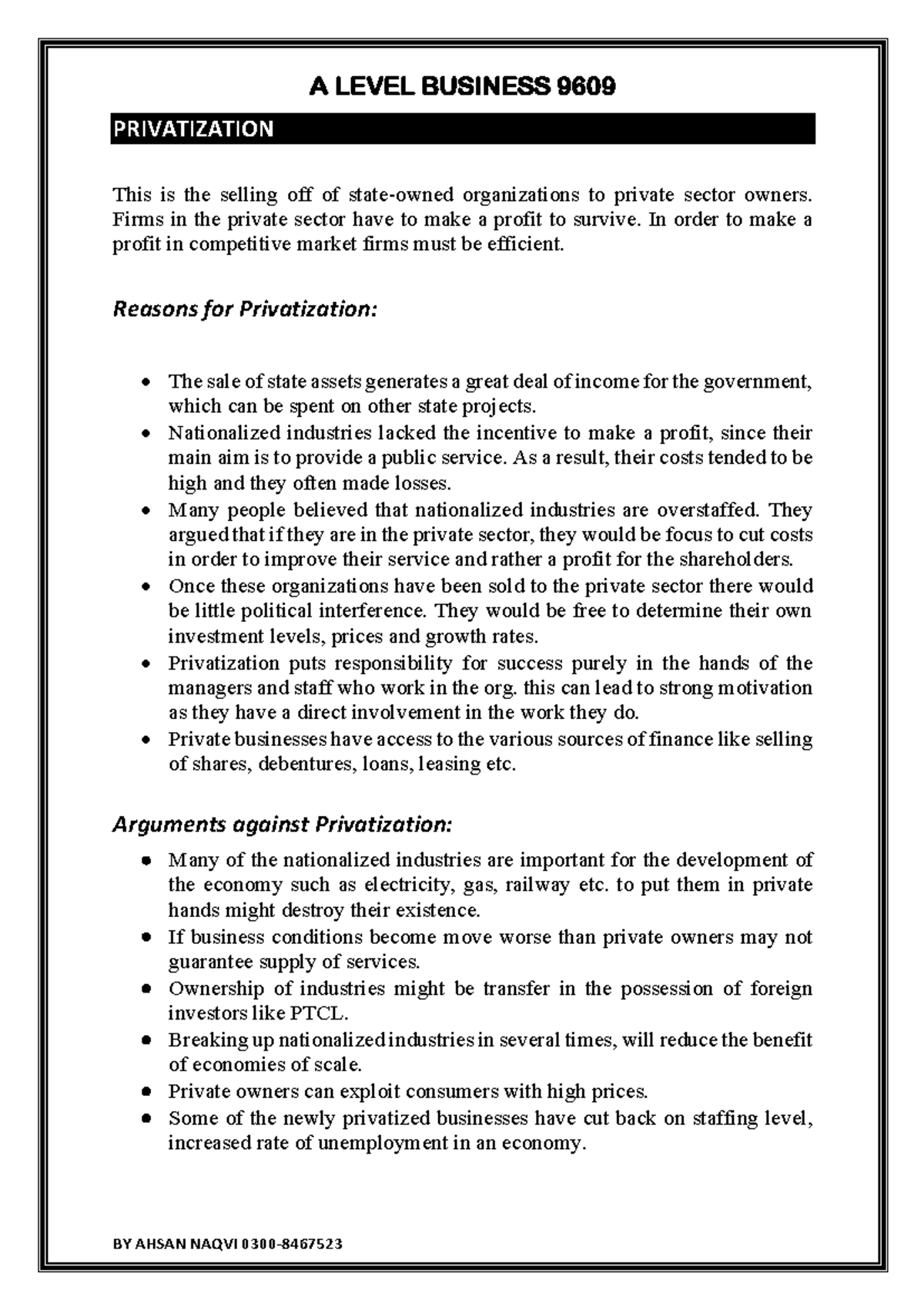 Business 9609 A2 Notes for GCE STUDENTS - PRIVATIZATION This is the ...