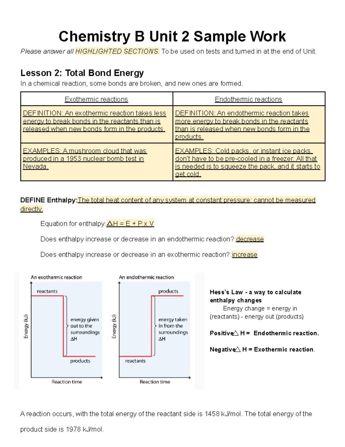 Chemistry 11 Unit 2 Study Guide: Energy Changes in Reactions - Studocu