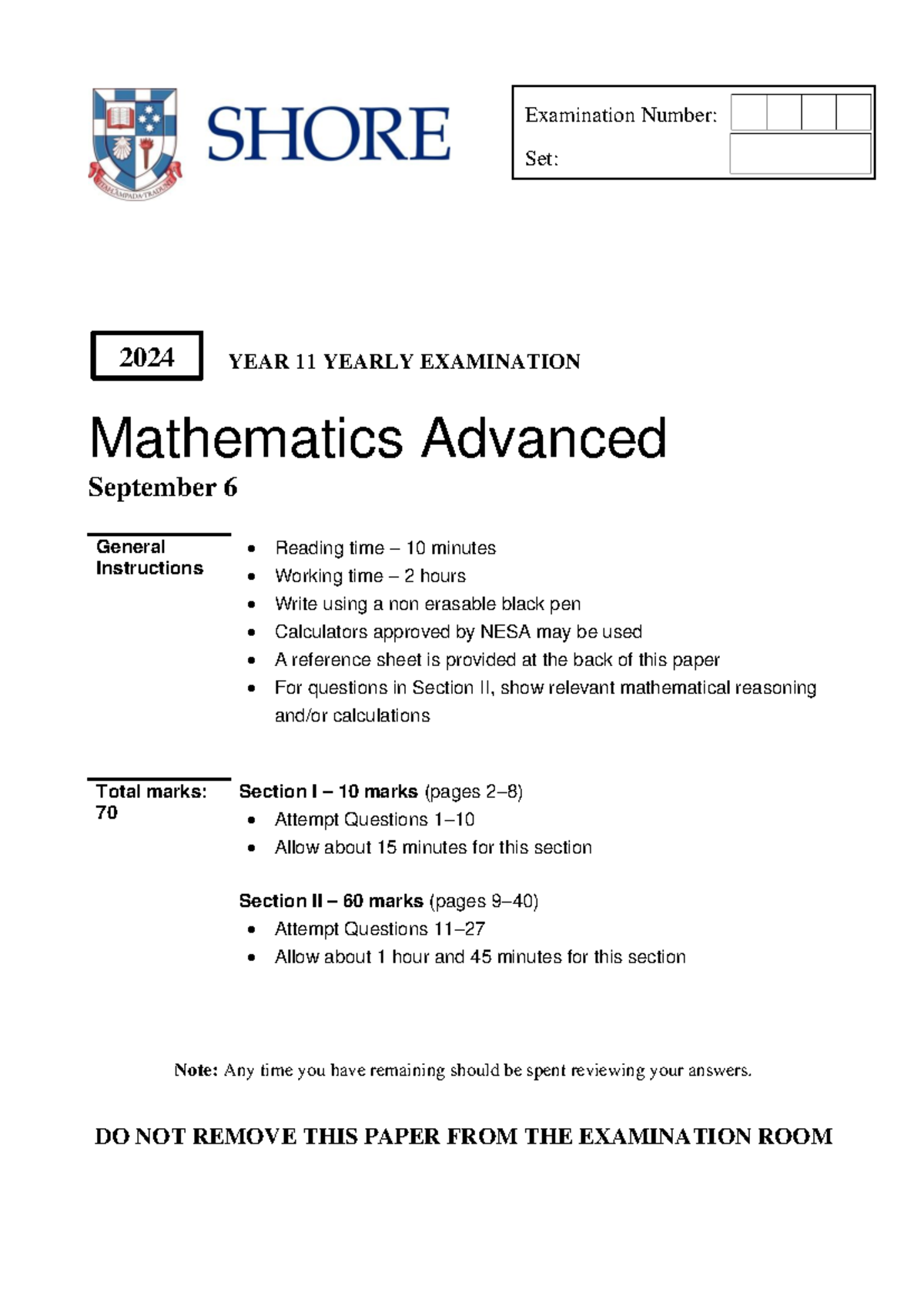2024 YEAR 11 ADVANCED MATHS YEARLY EXAMINATION GUIDELINES - Studocu