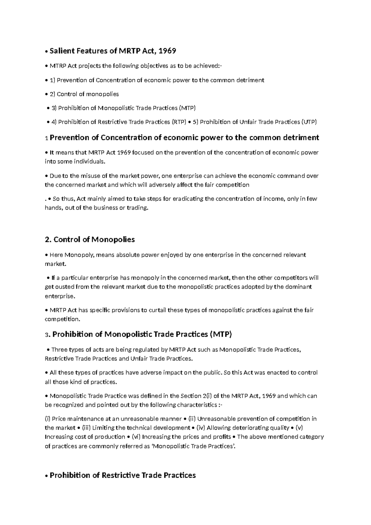 Salient Features of the MRTP Act 1969: Key Objectives & Prohibitions ...