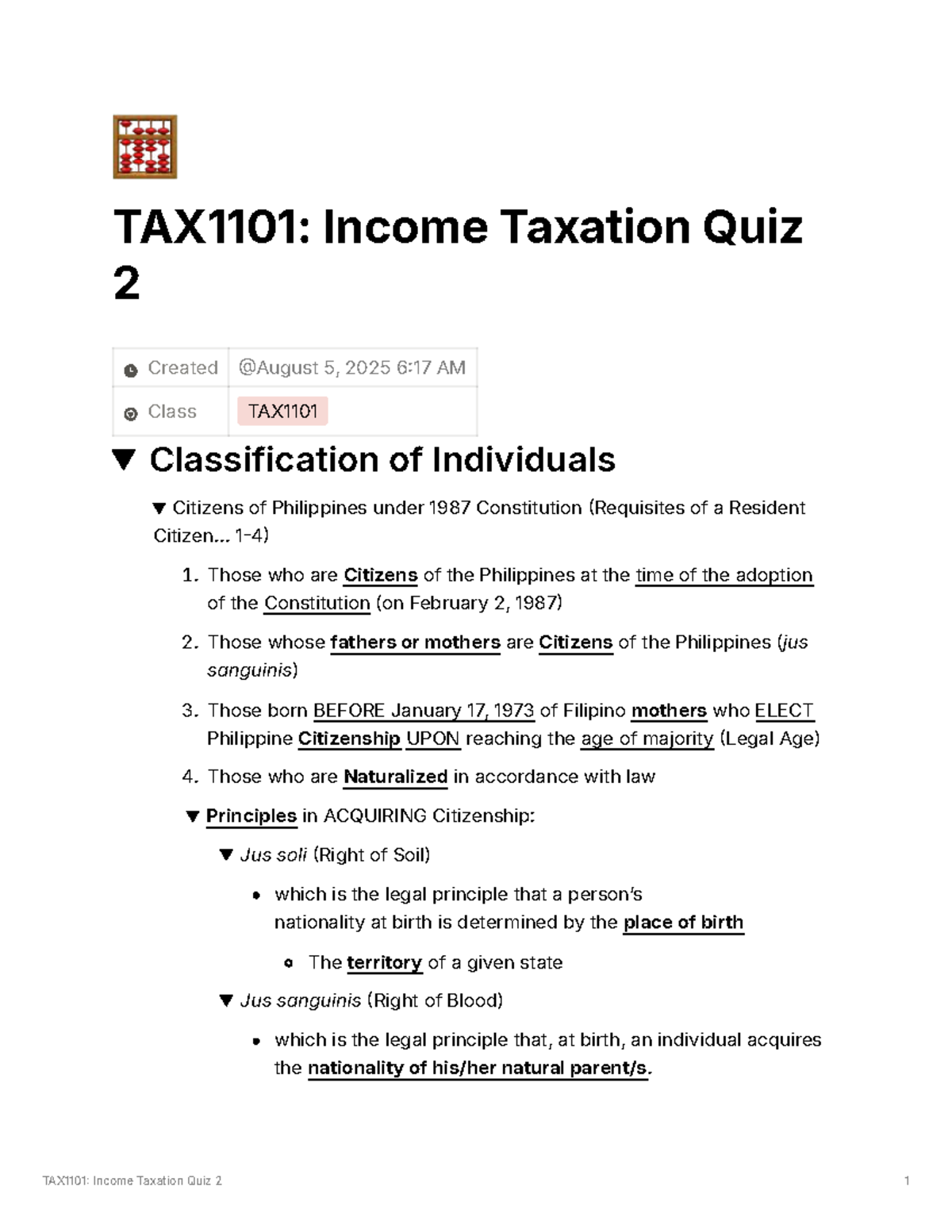 TAX1101: Income Taxation Quiz 2 - Classifications of Individuals - Studocu