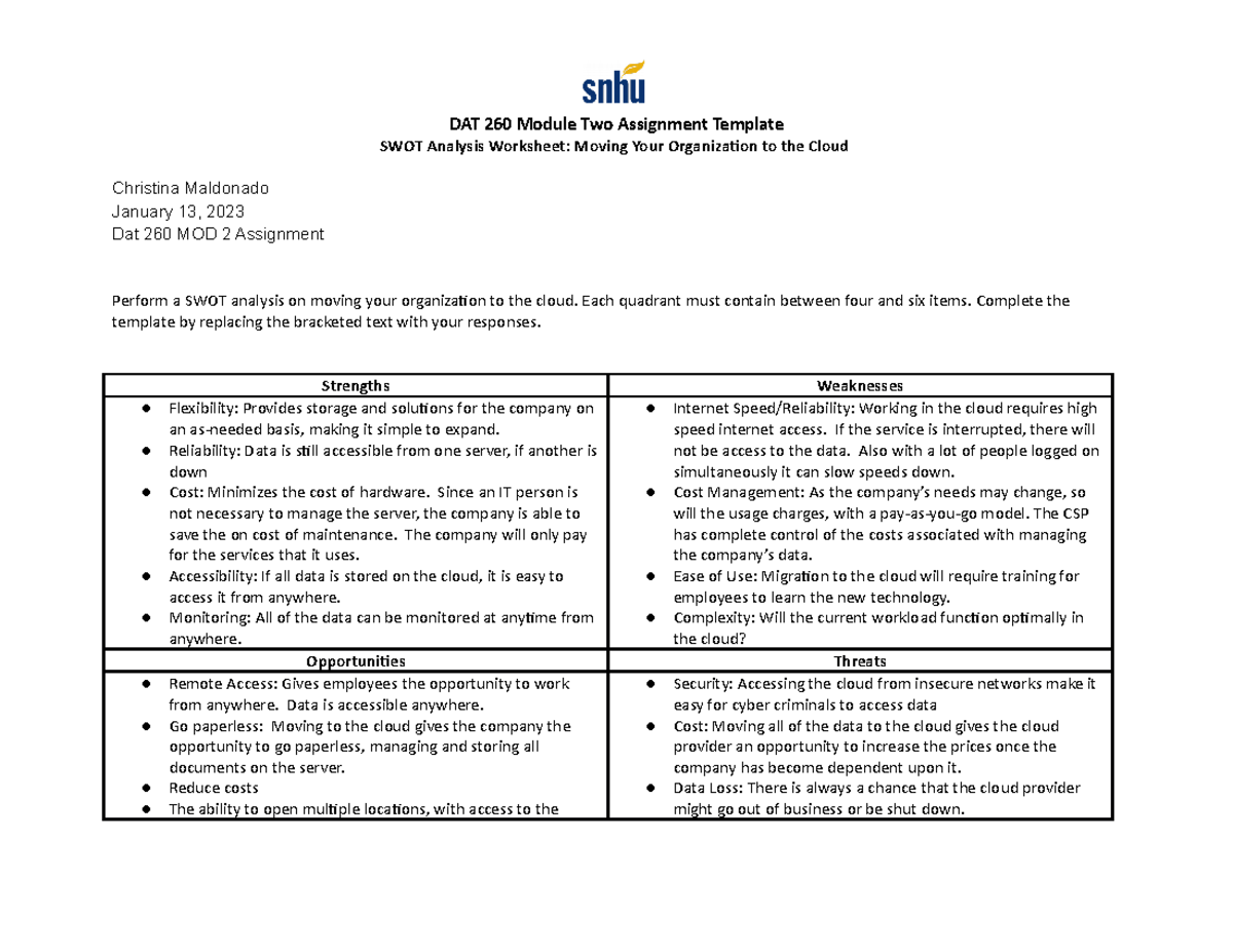 DAT 260 Module 2 SWOT Analysis: Cloud Migration Insights - Studocu