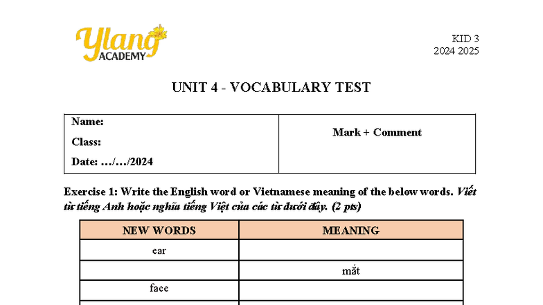 KID 3 - Unit 4 Vocabulary Test 2024-2025 - Studocu
