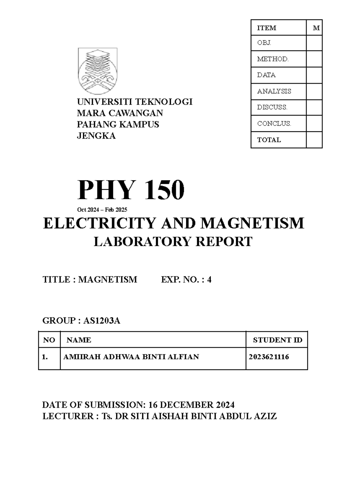 PHY150 Lab Report: Experiment 4 on Magnetism Analysis - Studocu