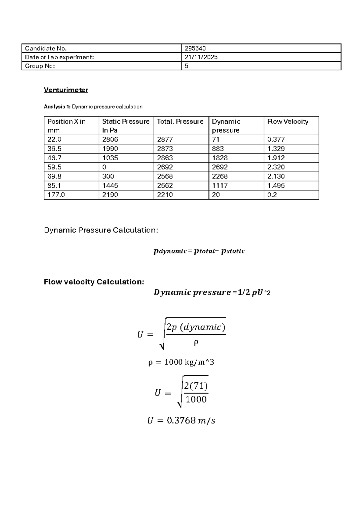 H1029 Lab: Venturimeter Analysis and Dynamic Pressure Calculations ...