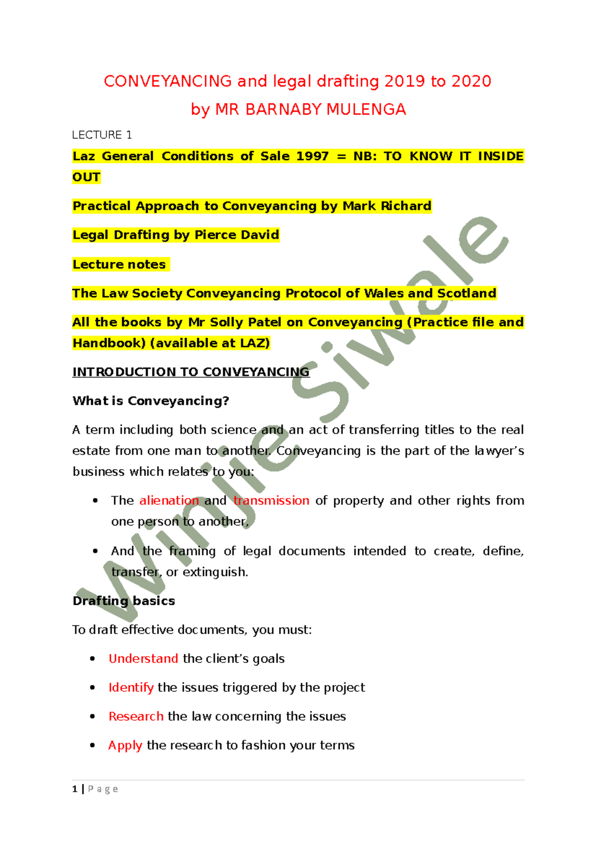 Conveyancing Lecture Notes (LAZ 2019-2020): A Comprehensive Guide - Studocu