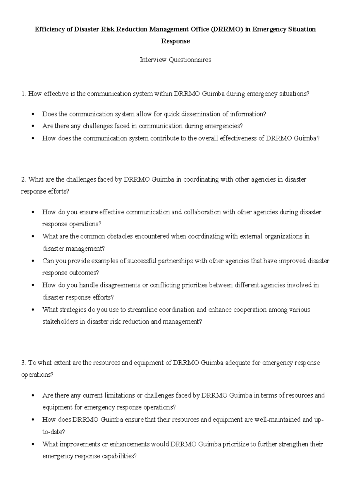 Efficiency of DRRMO in Emergency Situations: Interview Guide - Studocu