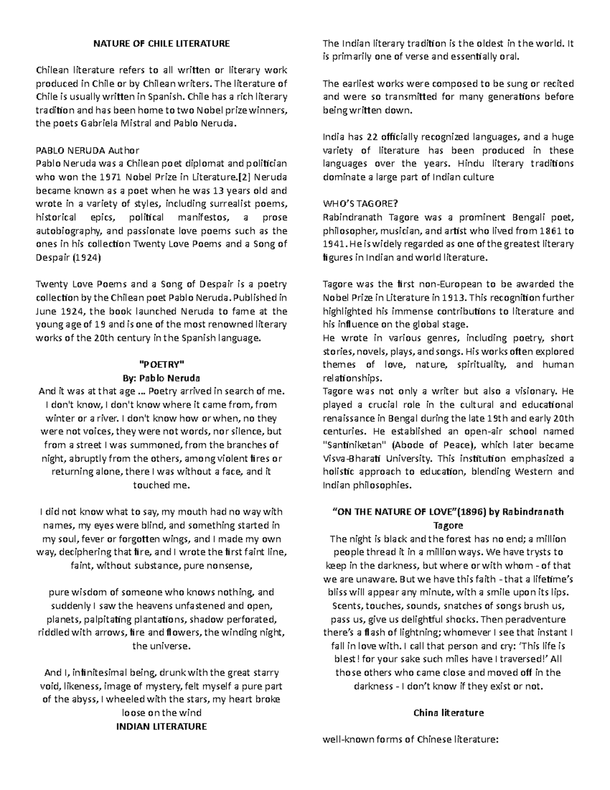 POEM - poem - NATURE OF CHILE LITERATURE Chilean literature refers to ...