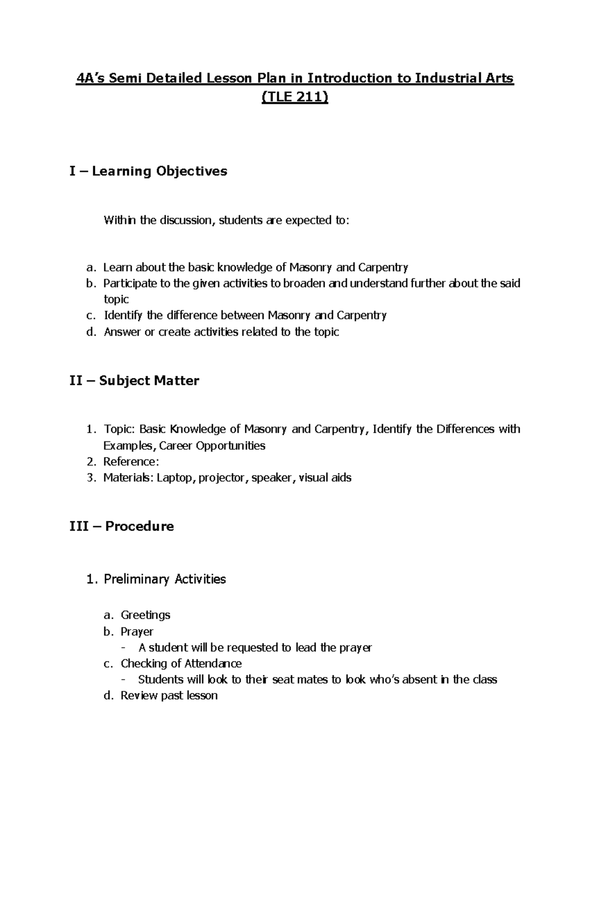 TLE 211 - Semi Detailed Lesson Plan: Intro to Masonry & Carpentry - Studocu