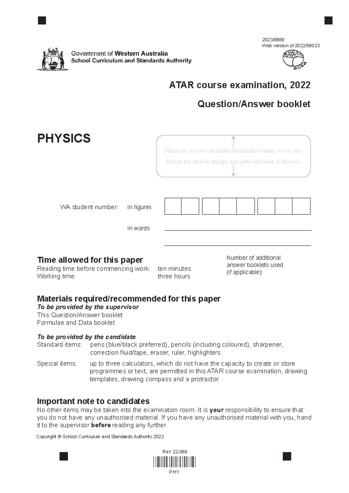 ATAR PHY 2022 Final Exam Question and Answer Booklet - Studocu