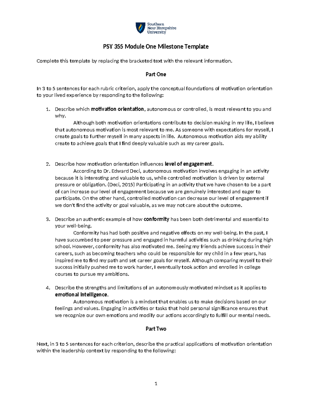 PSY 355 Module One Milestone: Motivation Orientation Analysis Template ...