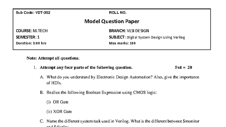 Digital System Design Using Verilog - Model Question Paper (M.TECH SEM ...