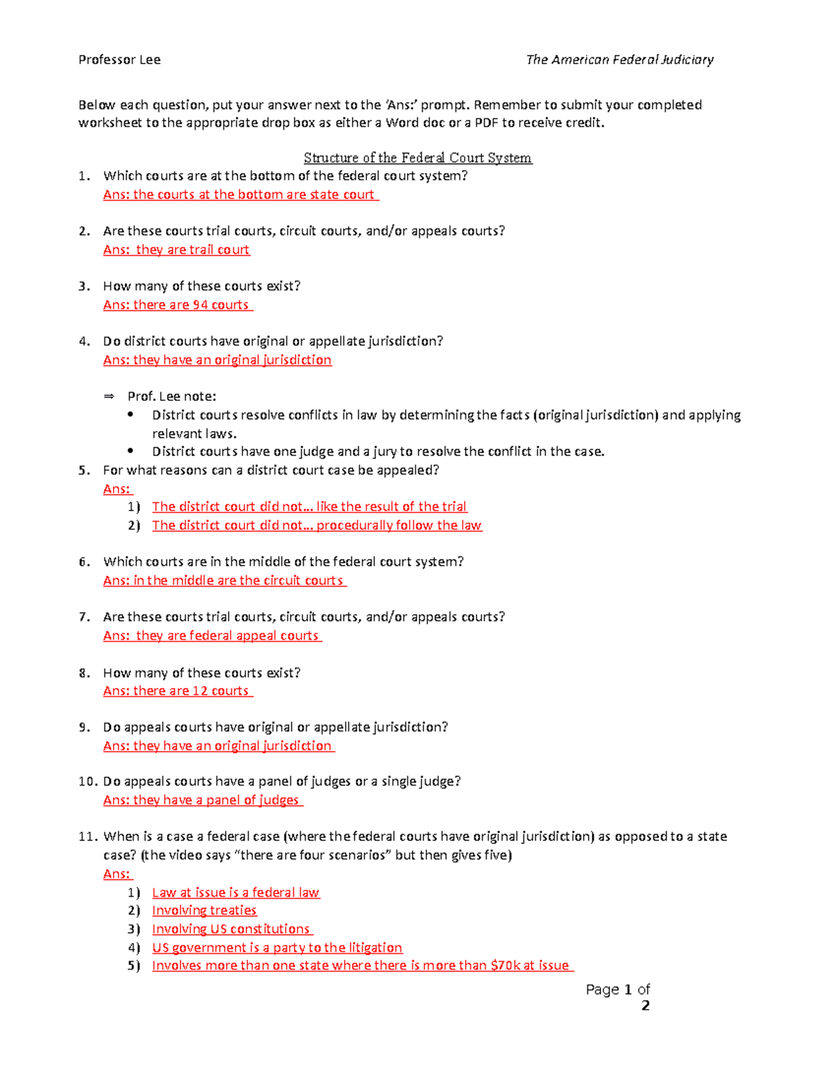7.2 - Federal Judiciary Worksheet Answers for 2022 - Prof. Lee - Studocu
