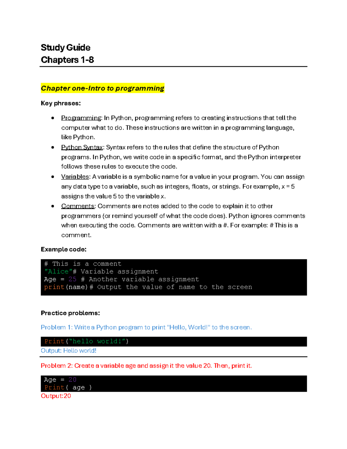 Study Guide for Programming in Python: Chapters 1-8 - Study Guide Chapters 1- 8 Chapter one ...