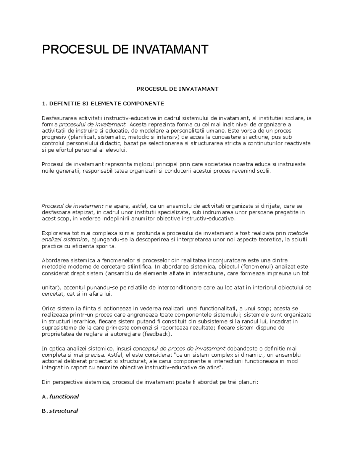 Procesul de invatamant - notiuni teoretice - PROCESUL DE INVATAMANT ...