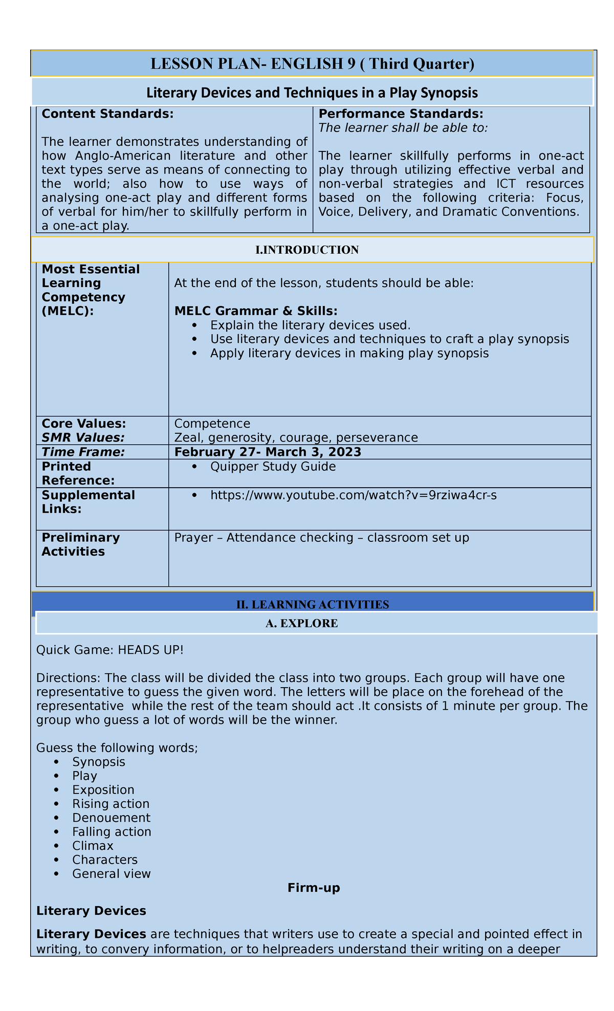 Grade 9 Literary Devices LP - Content Standards: The learner ...