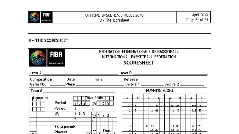 FIBA Official Basketball Score Sheet 2010 - Team A vs Team B - Studocu