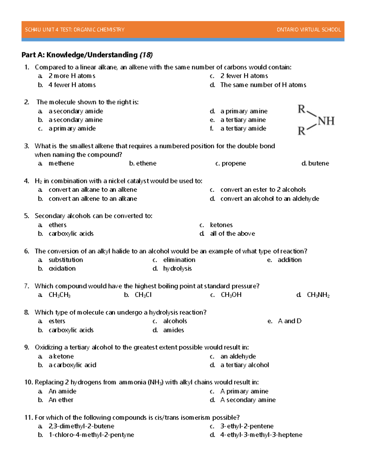 SCH4U Unit 4 Test - Organic Chemistry Reactions and Mechanisms - Studocu