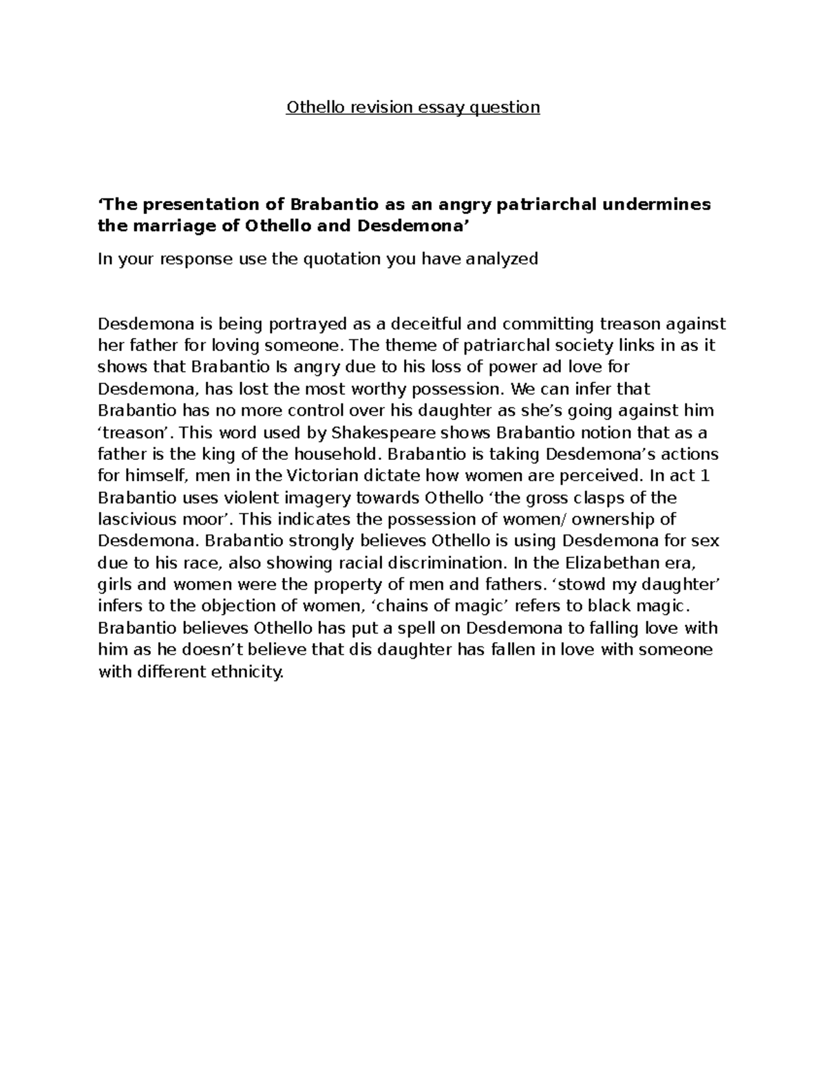 Brabantio revision essay - Othello revision essay question ‘The ...