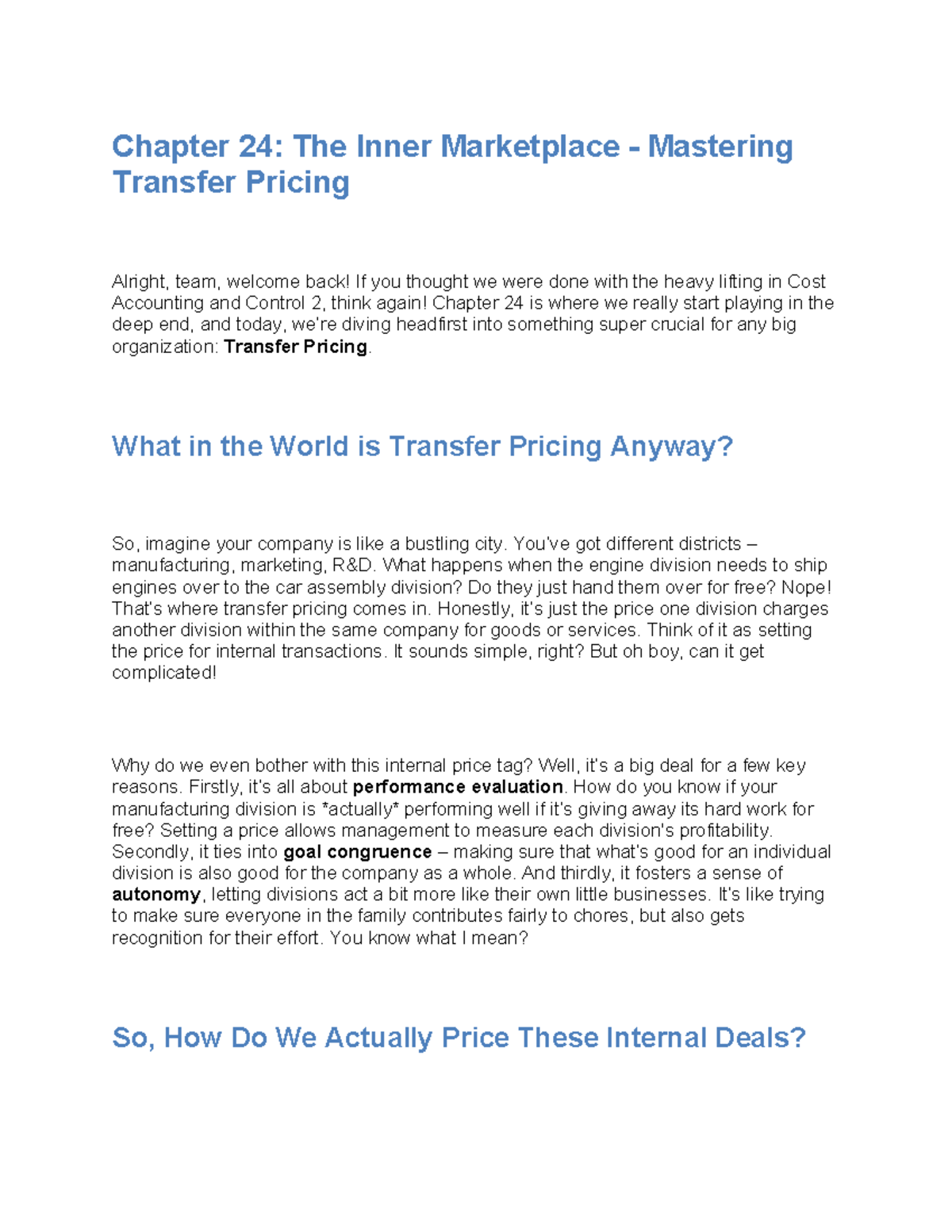Cost Accounting 2: Chapter 24 Review on Transfer Pricing - Studocu