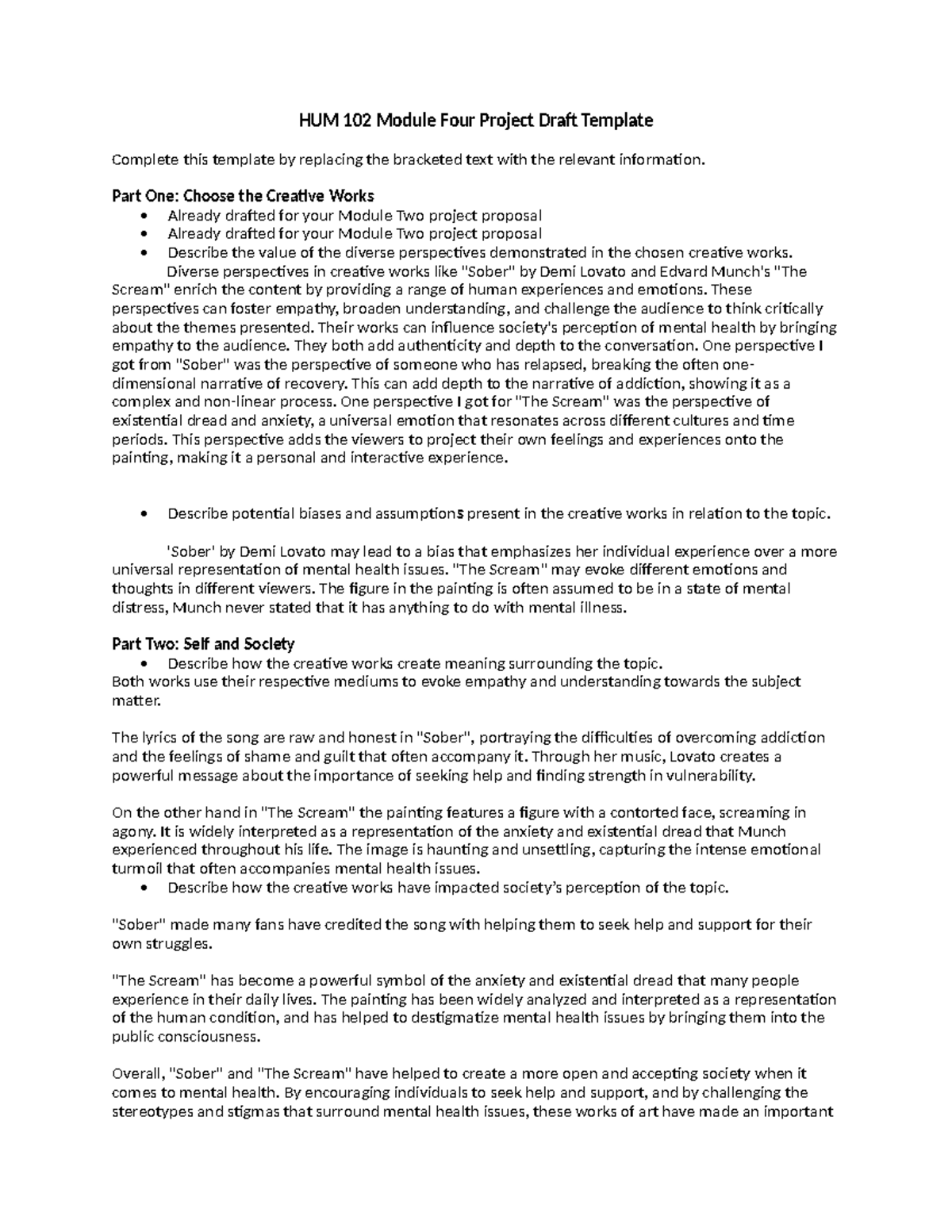 HUM 102 Module Four Project Draft on Creative Works Analysis - Studocu