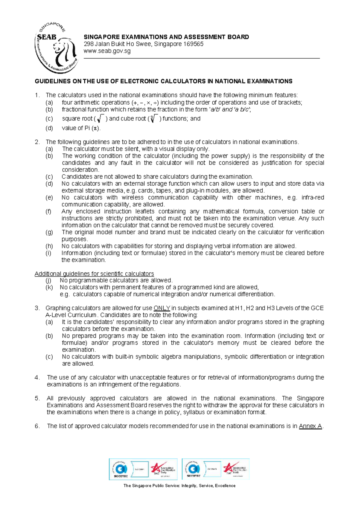 Guidelines for Using Electronic Calculators in National Exams (SEAB) - Studocu