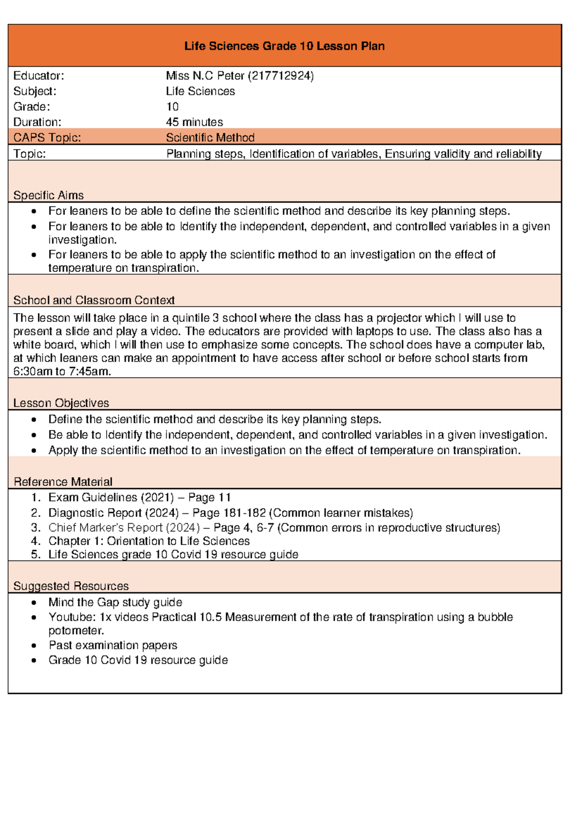 Life Sciences 10 Lesson Plan: Scientific Method & Variables - Studocu