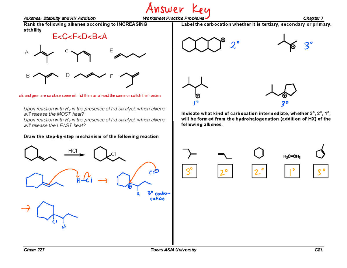Practice Problem Set 7-2 key - Alkenes: Stability and HX Addition ...