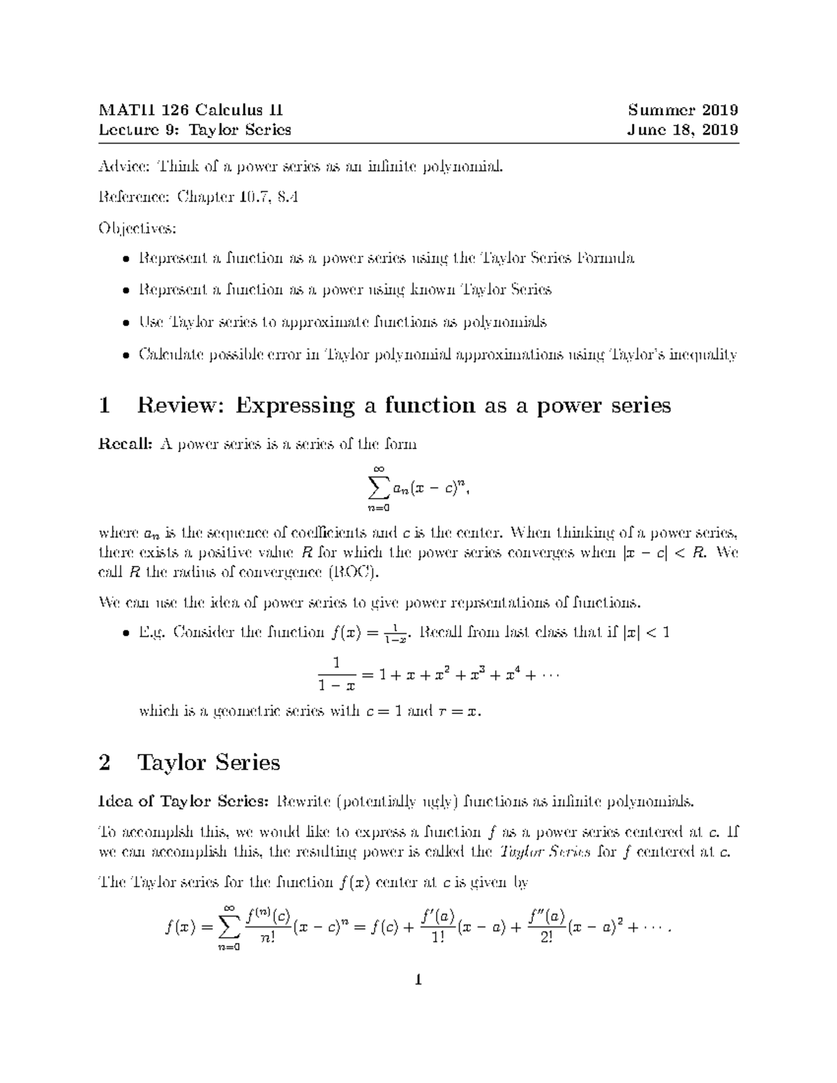 Lecture 9: Detailed Notes on Chapter 9, Calculus 2 Series Concepts ...