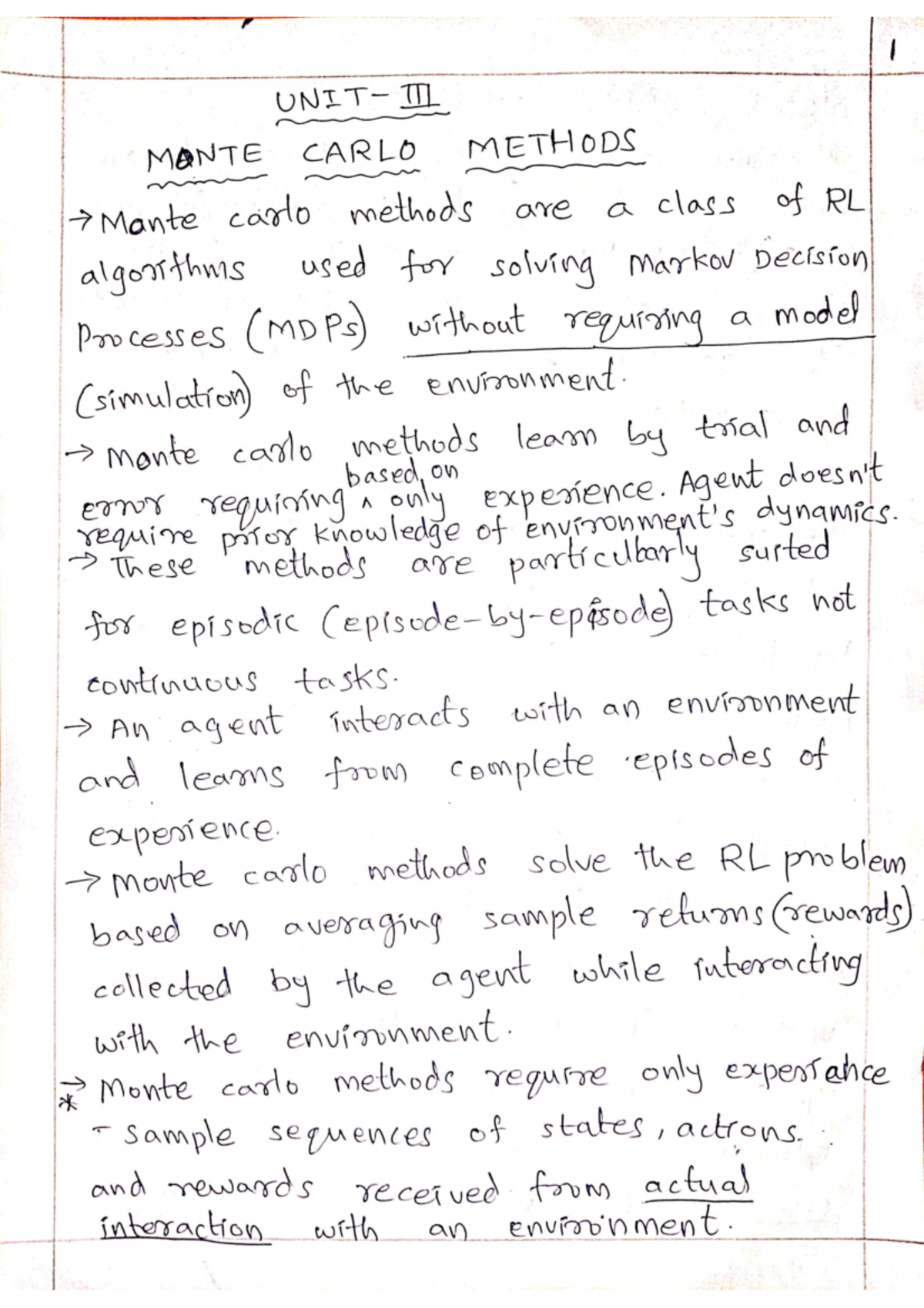 RL UNIT - 3 Final - matter for rl - 1 MONTE CARLO METHODS Mante carlo ...