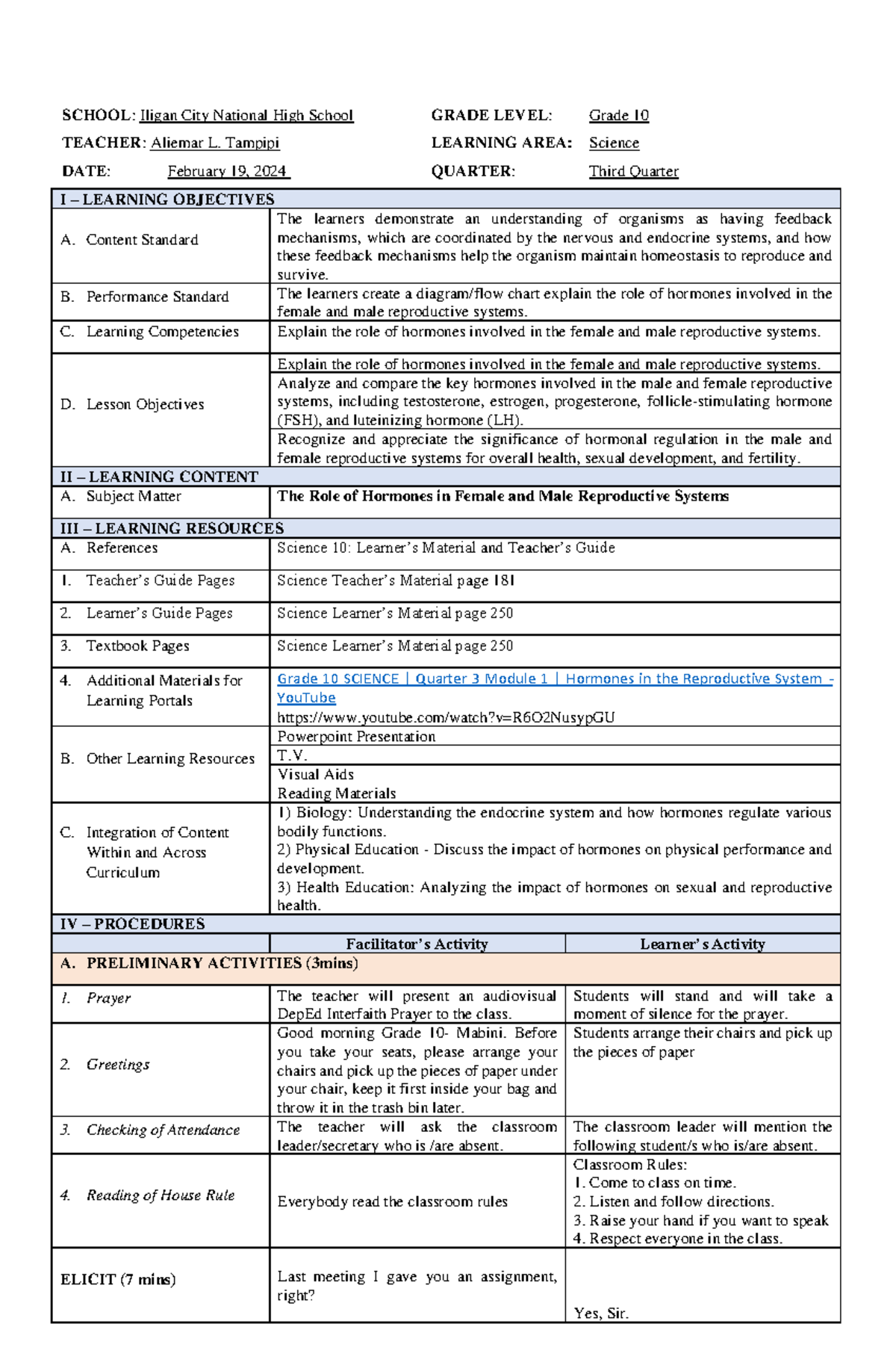 Grade 10 Science - Lesson Plan: Role of Hormones in Reproduction - Studocu